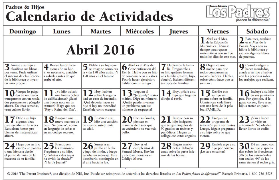 Calendario de Consejos para Padres – Parent pointers – Abril – April ...